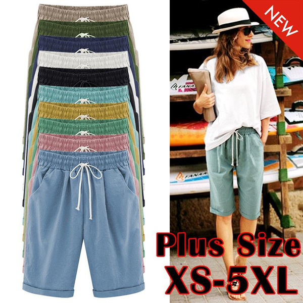 Women Summer Shorts Soft Lace Up Elastic Waist Casual Pants Comfortable ...
