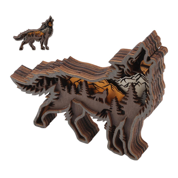 1Pc Wooden Wolf Statue Refined Details Good Decoration Hollowed ...