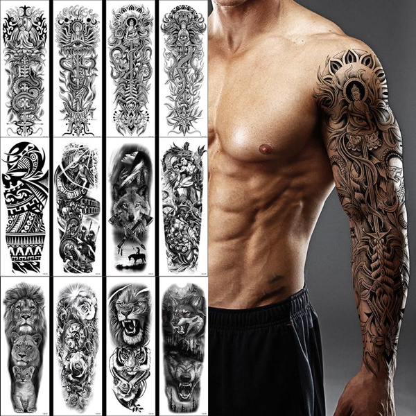 Big Arm Sleeve Tattoo Sticker Lion Tiger Skull Tattoo Waterproof ...