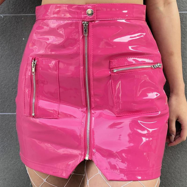 Women Sexy Patent Leather Short Mini Skirt Zipper Split White Pink ...