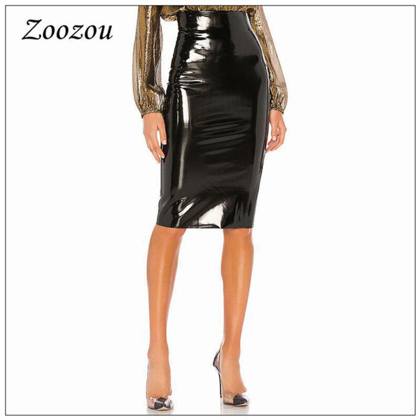 High Waist Latex Patent Leather Pencil Skirt Women Elegant Back Slit ...