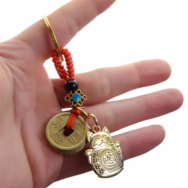 Handmade Brass Lucky Cat Five Emperors Money Keychain Feng Shui Coins ...