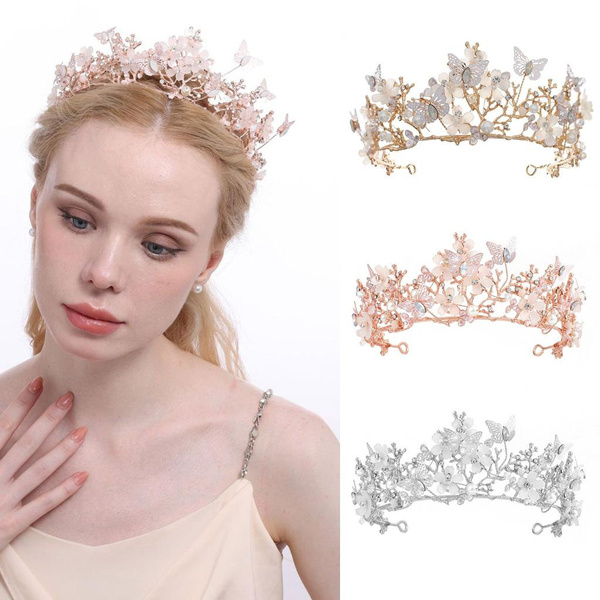 Hollow Butterfly Crowns for Woman with Crystal Flower Bridal Elegant ...