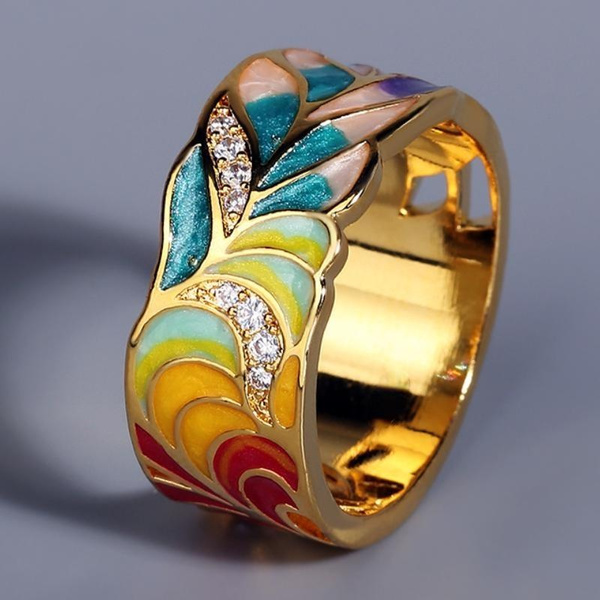 Ethnic Style Fashion Rings for Women Colorful Enamel Leaf Rings ...