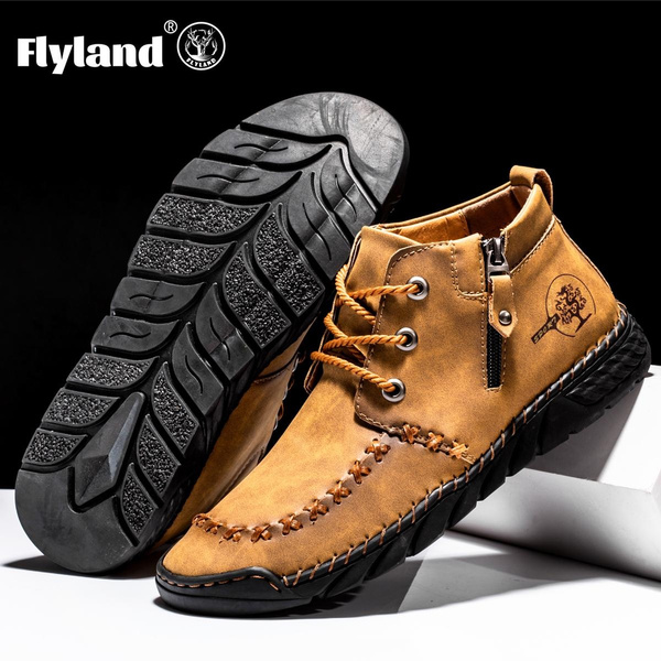 FLYLAND Men's Leather Loafers Vintage Hand Stitching Oxfords Shoes Chukka Bbots Ankle Boots ...