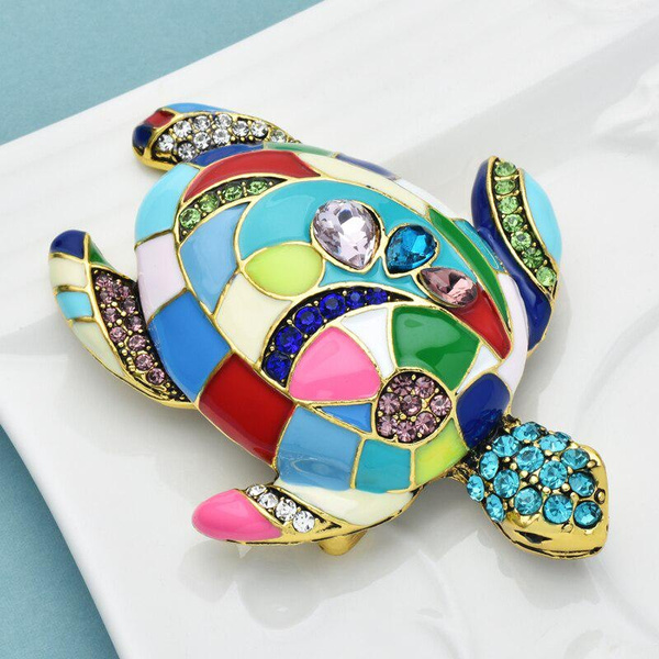 Turtle Women Multicolor Rhinestone Enamel Swimming Turtle Party Animal ...