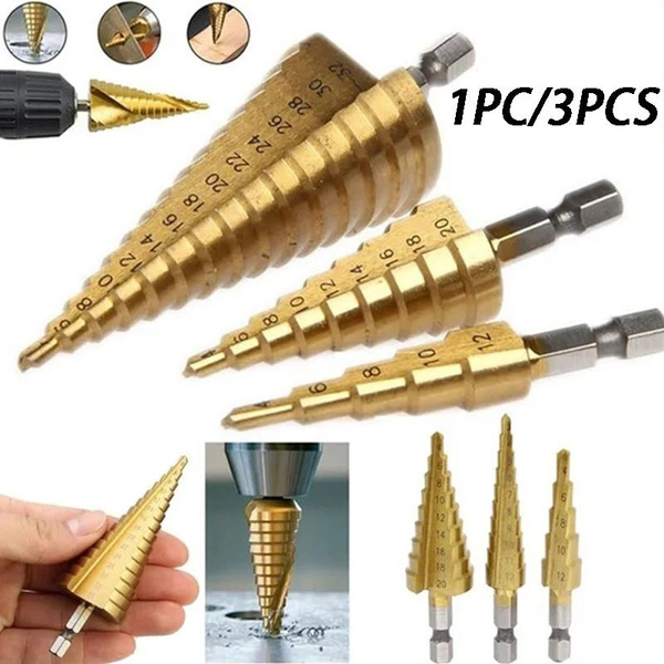 1Pc/3Pcs Straight Groove Step Drill Bit Set Titanium Coated Wood Metal ...