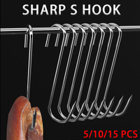 5/10/15Pcs Stainless Steel S Hooks with Sharp Tip Utensil Meat Clothes ...