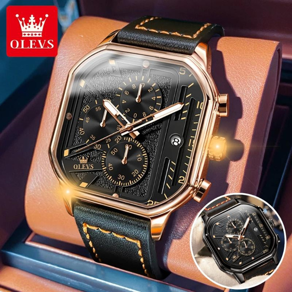 OLEVS Men's Square Quartz Watches Leather Strap Waterproof Watch for ...