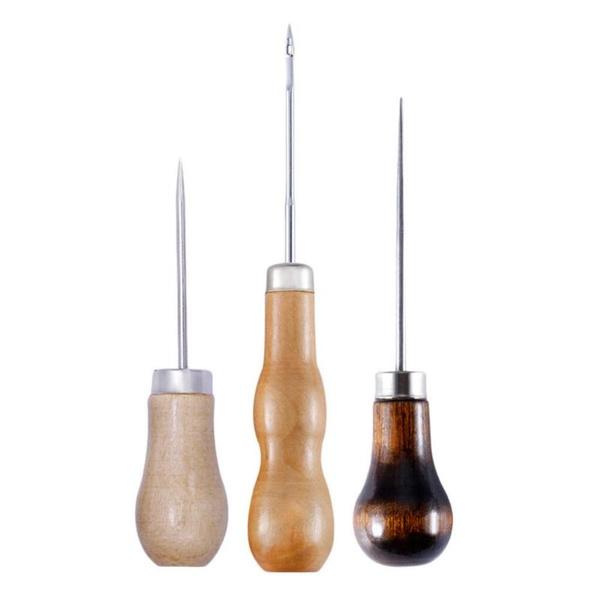 3PCS Cloth Awl Sewing Tool Hole Punching Leather Wood Handle Awl ...