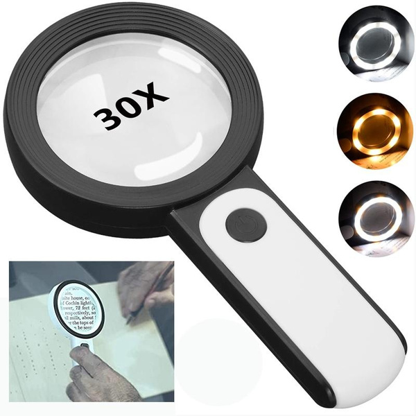 Magnifying Glass 18 LED Lights 30X Double Glass 3 Modes High Power Lens ...