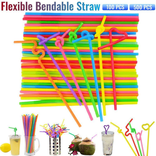 100/500 PCS Colorful Flexible Plastic Straws, Disposable Bendable ...