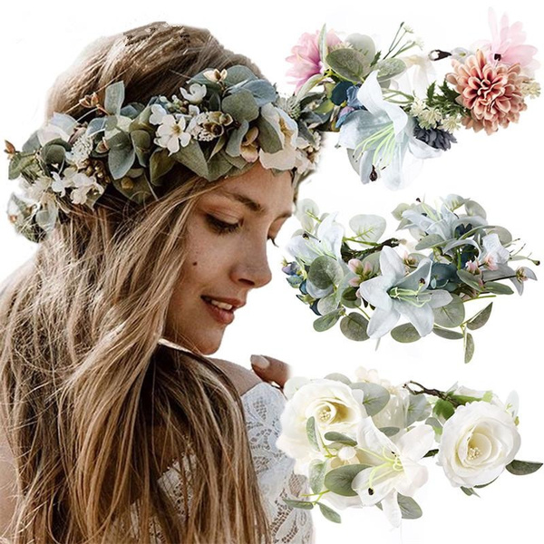 Rose Camellia Flowers Wreath Crown Festival Green Leaf Headband Girl ...
