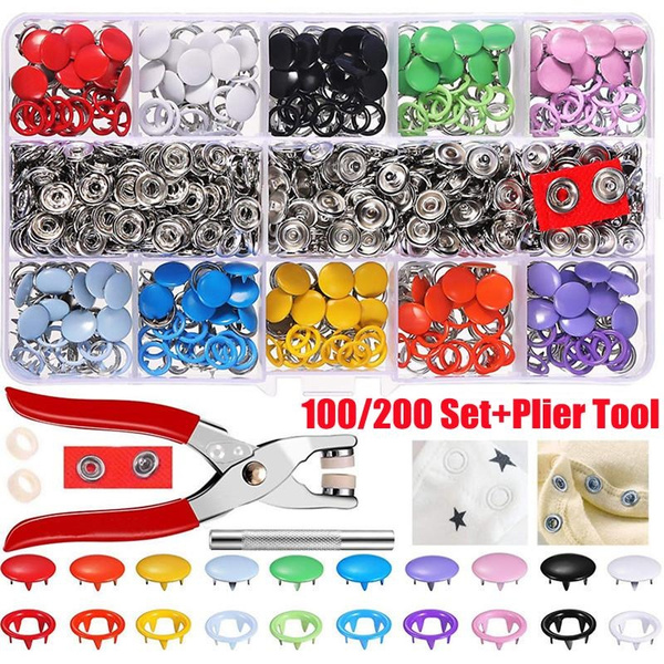 100/200 Set 10 Color Metal Sewing Buttons +Plier Tool Hollow/Solid ...