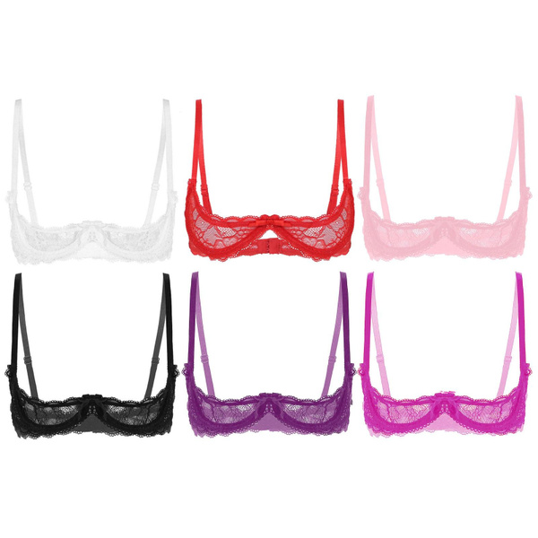 Womens Sheer Lace Lingerie 1 4 Cups Bare Exposed Breast Underwire Push