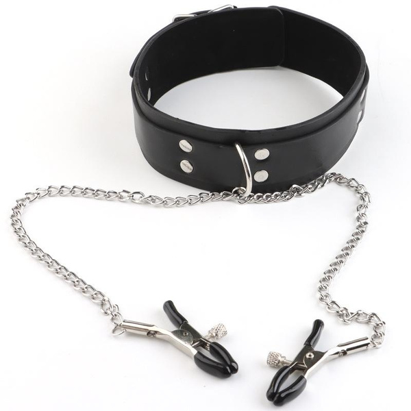 Faux Leather Choker Collar with Nipple Breast Clamp Clip Chain Couple ...