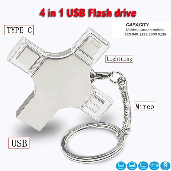 new 4in1 USB 2.0 Flash Drive 512GB 256GB 128GB 64GB 32GB Metal Pendrive ...
