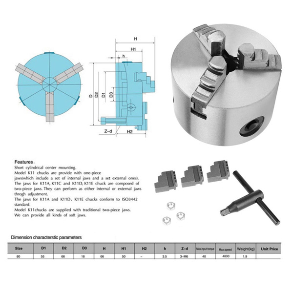 3inch Lathe Chuck, K11-80 3-Jaw Self-Centering Metal Chuck with Extra ...