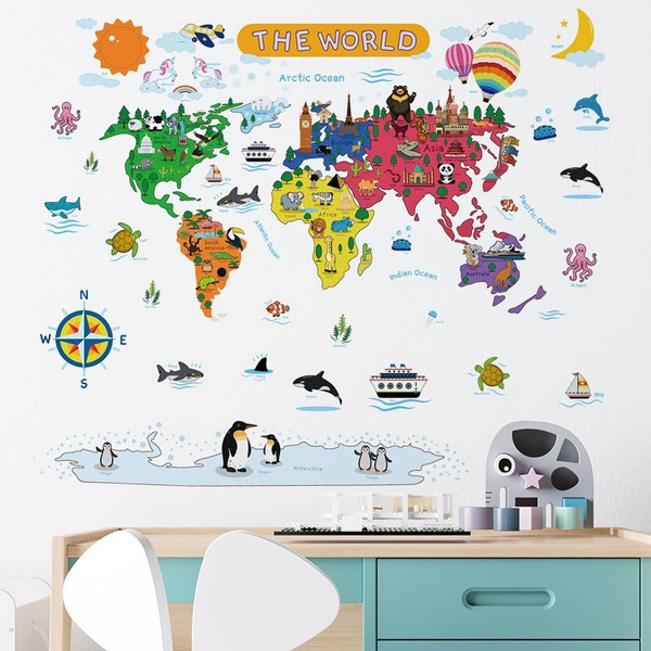 Cartoon World Map Seven Continents Wall Decal Animal Sticker ...