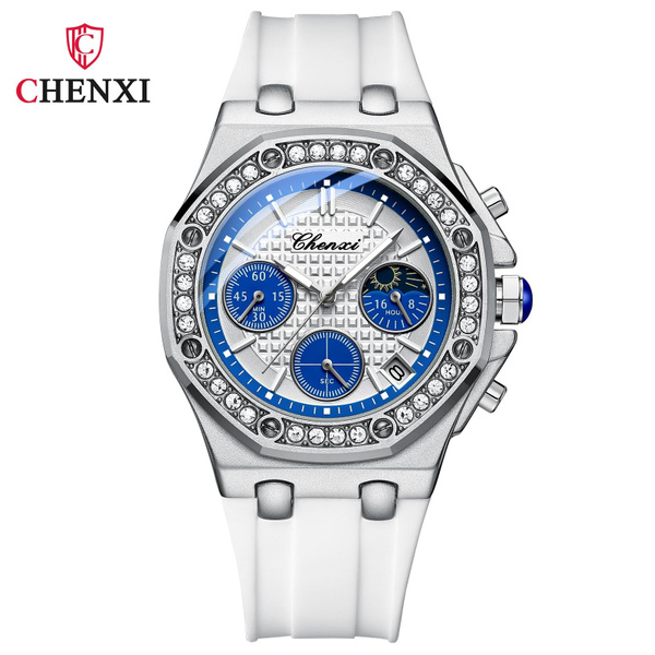 CHENXI Top Brand Luxury Watch Women Fashion Rhinestone Dial Chronograph Wristwatch White ...