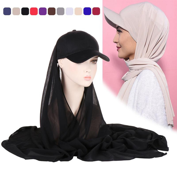 2-in-1 Musilm Chiffon Hijab with Baseball Cap Summer Sports HIjab Ready ...