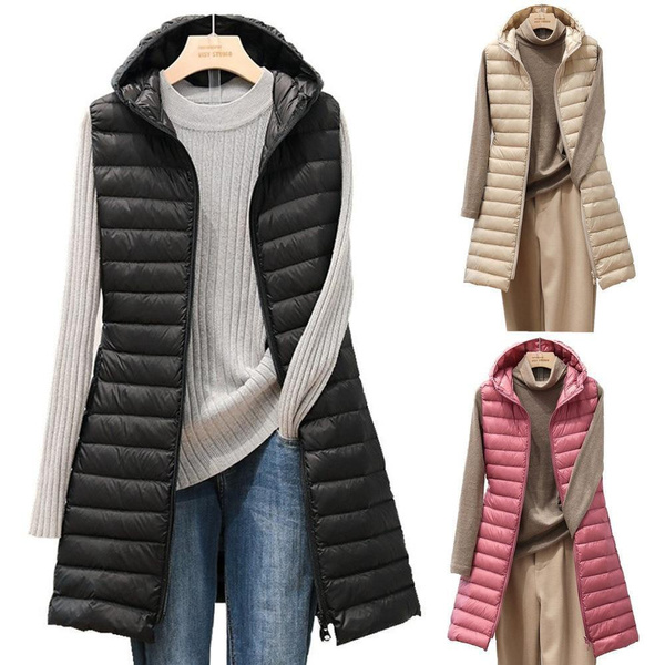 Winter Women's Sleeveless Cotton Jacket New Long Padding Jacket Hooded ...