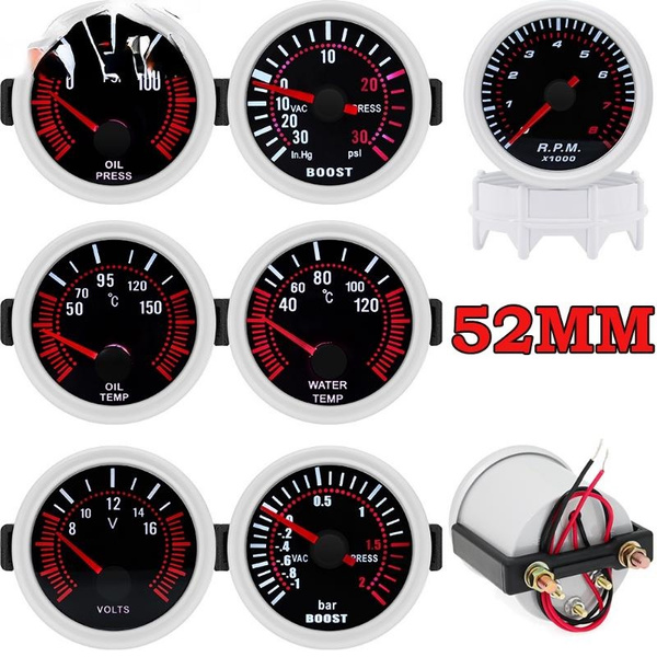52mm Smoke Len Pointer Boost Gauge -1~0~2 BAR Turbo Boost Meter White ...