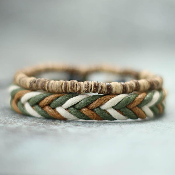 2 Pcs/Set Boho Hand Braided Rope Bracelet Antique Wood Stone Beads ...