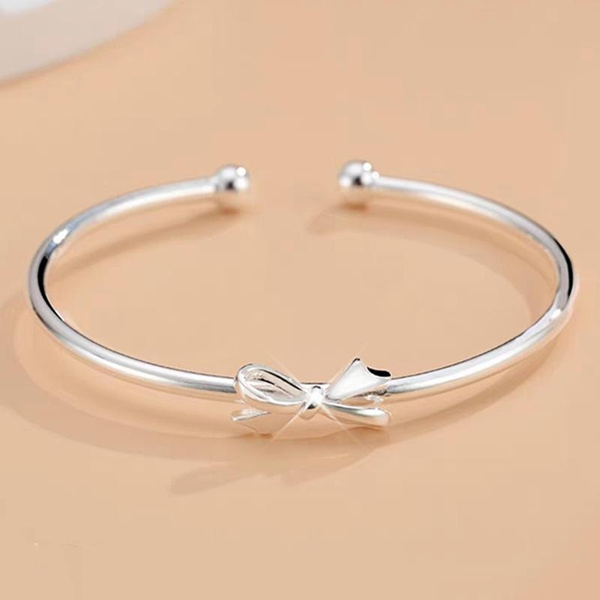 925 Sterling Silver Cute Bow Tie Open Bracelet Bangles for Women Fashion Party Wedding Charm ...