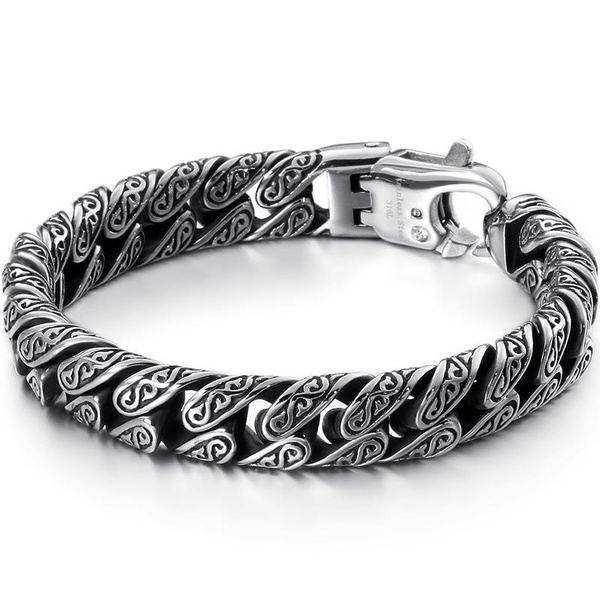Mens Stainless Steel Curb Cuban Link Chain Bracelet for Men with Tribal ...