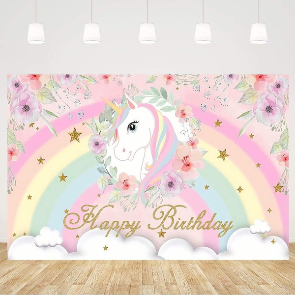 Happy Birthday Backdrop Rainbow Unicorn Birthday Decoration for Girls ...