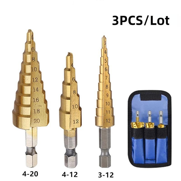 3Pcs Handle Step Drill HSS Titanium Coated Step Drill Bit, Multiple ... 3Pcs Handle Step Drill HSS Titanium Coated Step Drill Bit, Multiple ...