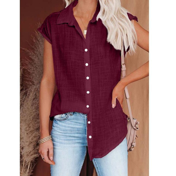 Womens Casual Summer Short Sleeve Tops Solid Color Button Up V-Neck ...