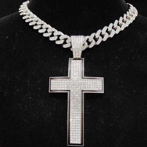 Men Women Hip Hop Cross Pendant Necklace with 13mm Crystal Cuban Chain ...