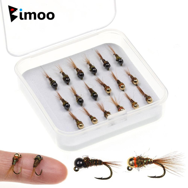 Bimoo 18PCS/Box Barbed Tungsten Bead Head Jig Nymph Fly Pheasant Tail ...