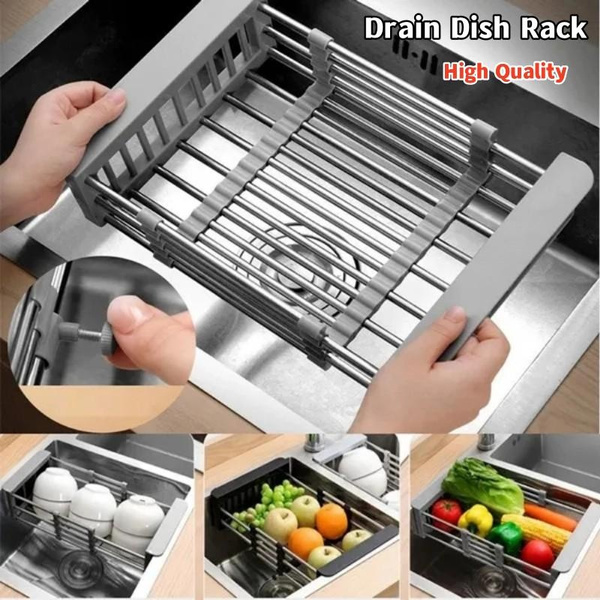 Adjustable Kitchen Stainless Steel Sink Rack Telescopic Sink Dish Rack ...