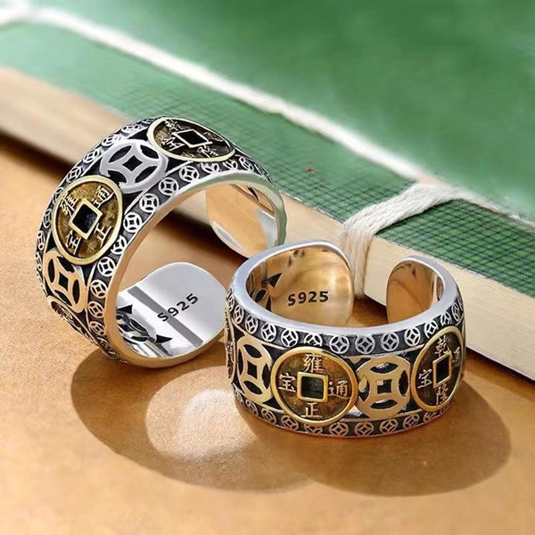 Copper Coin S925 Chinese Style Ring Men's Vintage Thai Silver Color ...