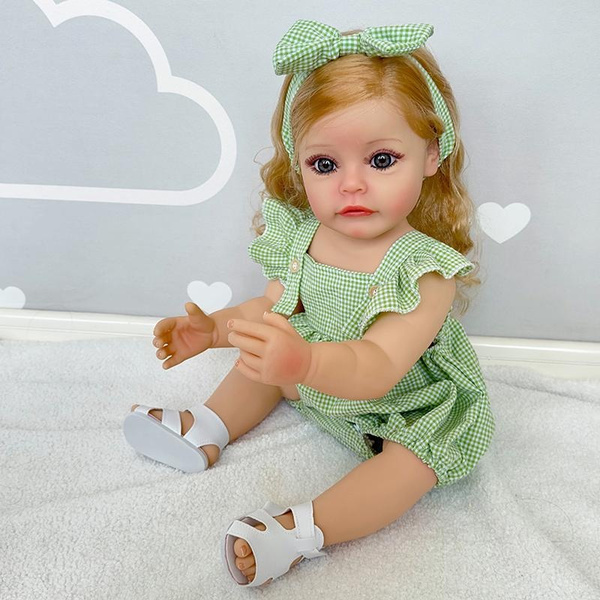55cm Full Silicone Girl Doll with Hand Rooted Hair Green and White ...