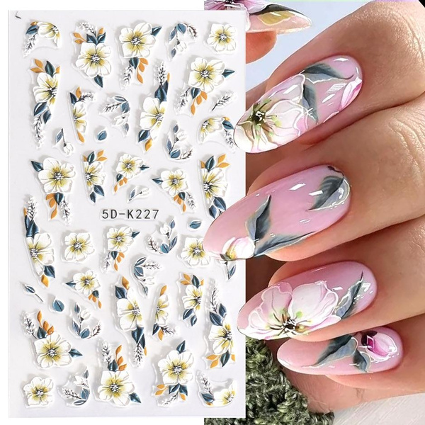 Classy Acrylic Flowers Engraved Nail Sticker Mimosa Iris Floral Leaf ...