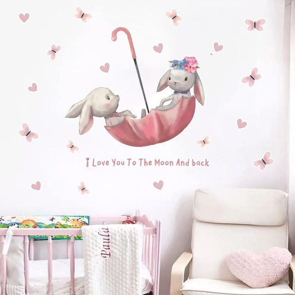 Watercolor Cartoon Bunny Wall Stickers Baby Nursery Wall Decals for ...