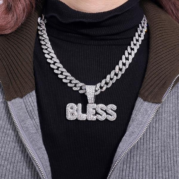 Punk Hip Hop Iced Out Crystal BLESS Letters Pendant Necklace Chunky ...
