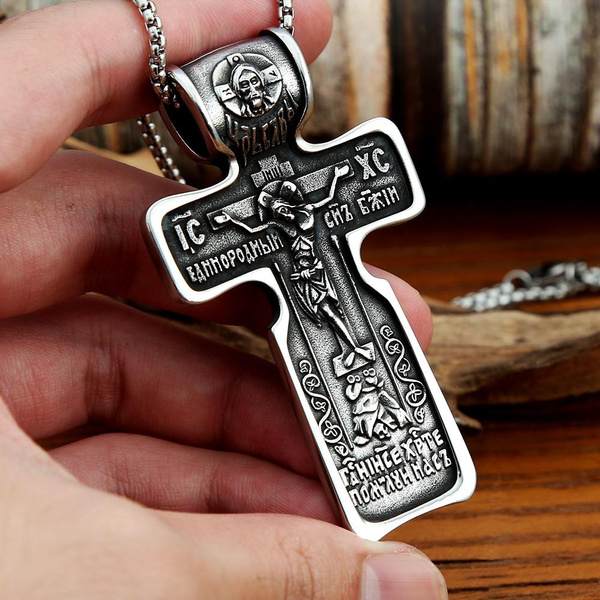Vintage Crucifix Cross Pendant Necklace for Men Big Stainless Steel ...