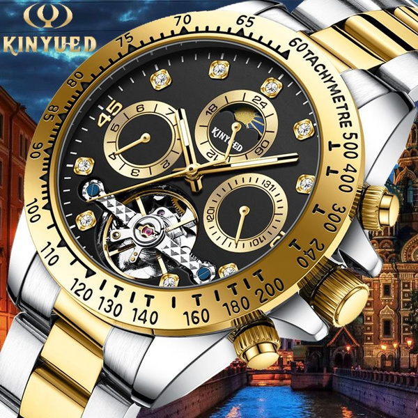 KINYUED Men Diamond Causal Watches Tourbillon Mechanical Moon Phase ...