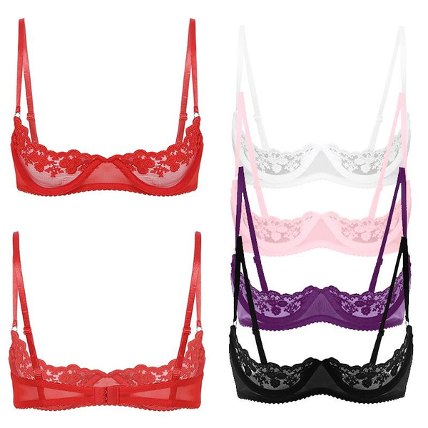 Womens Sheer Lace Lingerie 1 4 Cups Bare Exposed Breast Underwire Push