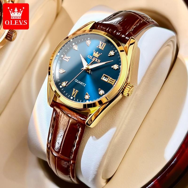 OLEVS Original Quartz Ladies Watch Leather Strap Luxury Diamond Date ...
