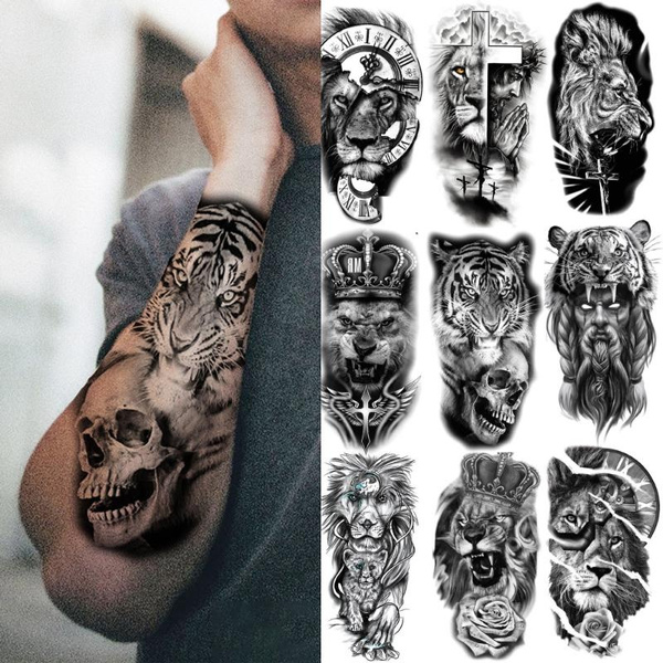 Fake Skull Tattoo Male Lion Wolf Tiger Snake Waterproof Tattoo Sticker ...