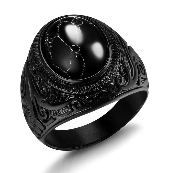 Personalized Oval Tophus Stone Vintage Classic Titanium Steel Ring for ...