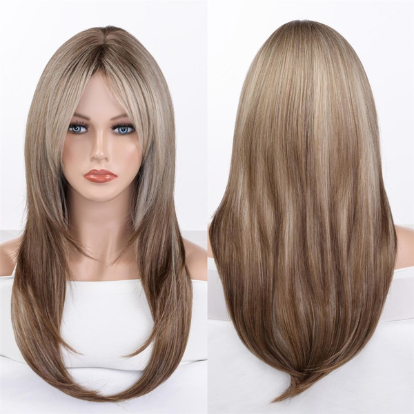 New Wig Sets for Women Gradient Brown Long Straight Slightly Curly Wigs ...