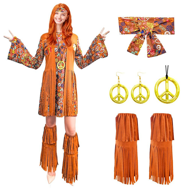 Women Disco Dress 70s Outfits Hippie Tassel Vest and Headband Costumes ...