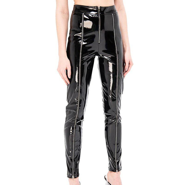 Women High Waist Faux Latex Pants Front Zip Splicing Trousers Ladies ...